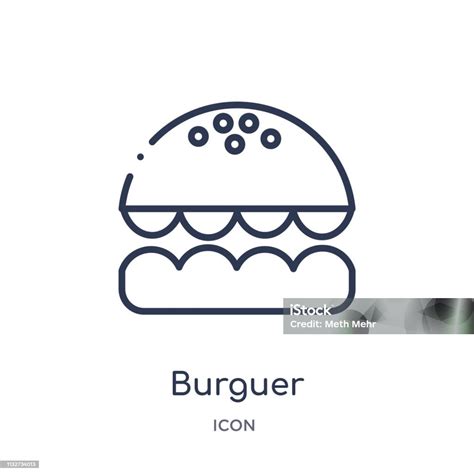 음식 개요 컬렉션에서 선형 Burguer 아이콘입니다 얇은 라인 부르 구에 흰색 배경에 고립 부르 구에 르 트 렌 디 일러스트레이션 0명에 대한 스톡 벡터 아트 및 기타