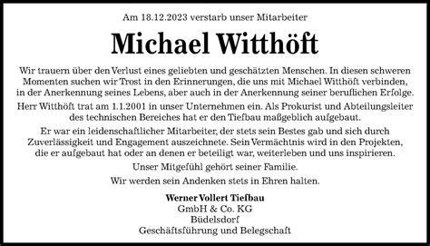 Traueranzeigen Von Michael Witthöft Trauer Anzeigende