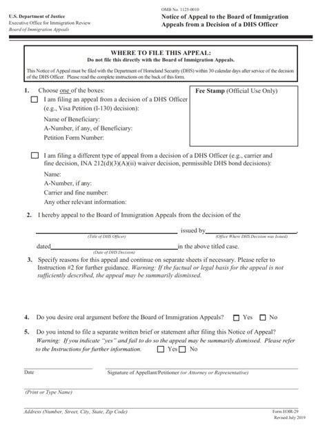 Eoir 29 Form Notice Of Appeal To The Board Of Immigration Appeals