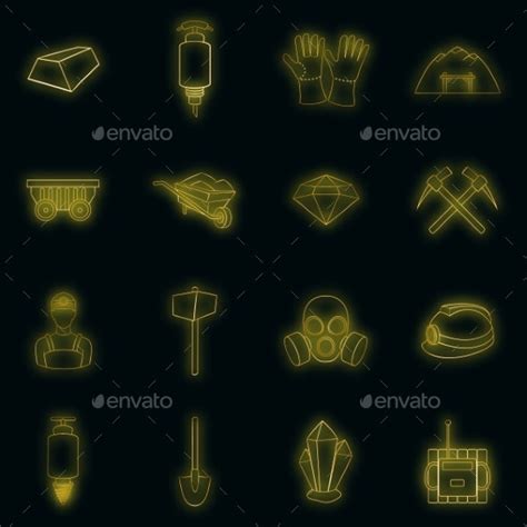 Mining Icons Set Vector Neon By Ylivdesign Graphicriver