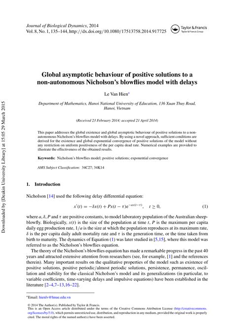Pdf Global Asymptotic Behaviour Of Positive Solutions To A Non Autonomous Nicholsons