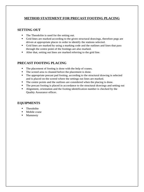 Method Statement For Precast Footings Pdf