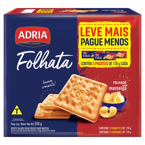 Pack Biscoito Cream Cracker Manteiga Adria Folhata Pacote 510g Leve