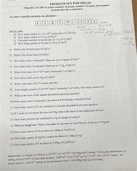 PROBLEM SET FOR MOLES Objective Be Able To Relate Chegg Com