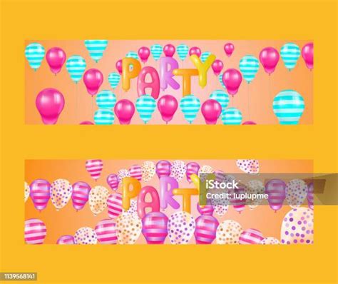 배너 벡터 일러스트 레이 션의 풍선 글꼴 집합입니다 다채로운 비행 풍선 축 하와 파티 배경 생일 기념일 베이비 샤워 파티 장식입니다 0명에 대한 스톡 벡터 아트 및 기타