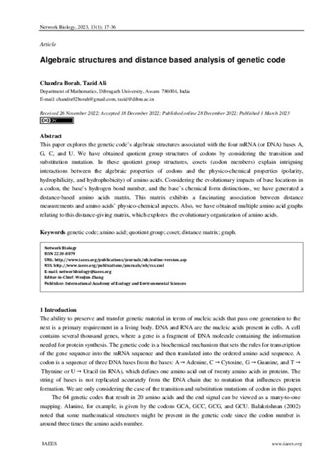 Pdf Algebraic Structures And Distance Based Analysis Of Genetic Code