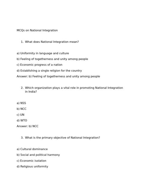 Mcq On National Integration Pdf Multiculturalism Minority Group