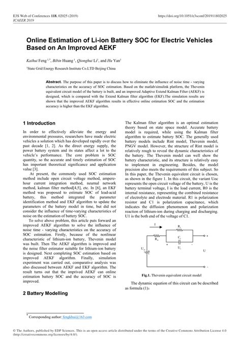 Pdf Online Estimation Of Li Ion Battery Soc For Electric Vehicles Based On An Improved Aekf