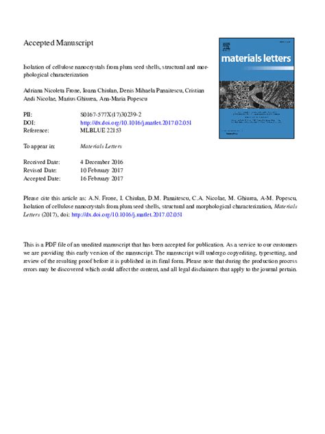 Pdf Isolation Of Cellulose Nanocrystals From Plum Seed Shells