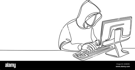 Continuous Single Line Drawing Of Computer Hacker Stereotype Line Art