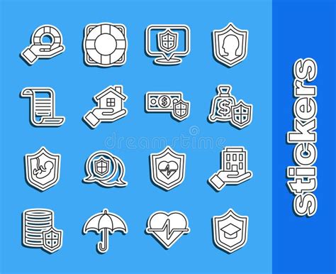 Set Line Graduation Cap With Shield House In Hand Money Location Document Lifebuoy And Icon