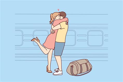 Happy Couple Hug Meet At Railway Station Smiling Girl Embrace Guy