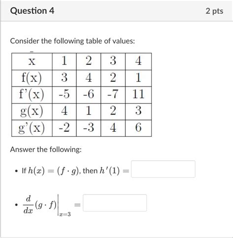 solved consider the following table of values answer the