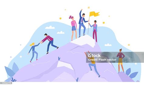 비즈니스 피플 캐릭터 등반 상단 피크 방문 페이지 평면 벡터 일러스트 개념 리더십과 팀워크 팀 리더쇼 방식 성공에 대한 동기 부여 트로피 깃발 수상 경쟁 환경 사람들에 대한