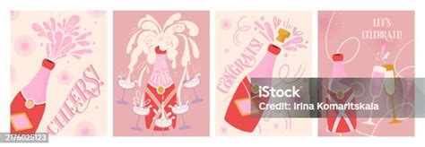 샴페인을 곁들인 포스터 세트 샴페인 토스트 파티 새해 메리 크리스마스 생일 축하 엽서 생일에 대한 스톡 벡터 아트 및 기타 이미지 Istock