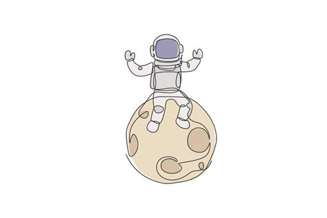 Single Continuous Line Drawing Of Floating Science Astronaut In Spacewalk And Sitting On Full