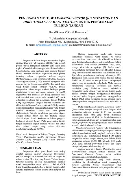 Penerapan Metode Learning Vector Quantization Dan Directional Element