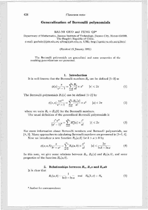 Pdf Generalization Of Bernoulli Polynomials