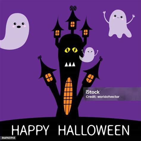 할로윈 카드입니다 눈 창문 및 투명 한 유령 정신 비행 집 실루엣 유령 재미 있은 귀여운 만화 아기 문자 집합 부 보라색 배경 평면 디자인입니다 10월에 대한 스톡 벡터