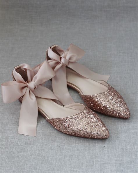 Rose Gold Rock Glitter Pointy Toe Flats With Blush Satin Ankle Etsy