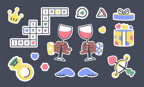 트렌디 한 만화 스티커 발렌타인 데이 라벨 세트 손으로 그린 Doodle Valentine 요소 와인잔을 들고 있는 두 손