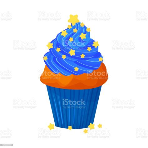 달콤한 컵 케 익의 벡터 만화 스타일의 일러스트입니다 맛 있는 달콤한 디저트 블루 크림 페이스 트리 별 장식 흰색 배경에 고립 된 머핀입니다 개체 그룹에 대한 스톡 벡터