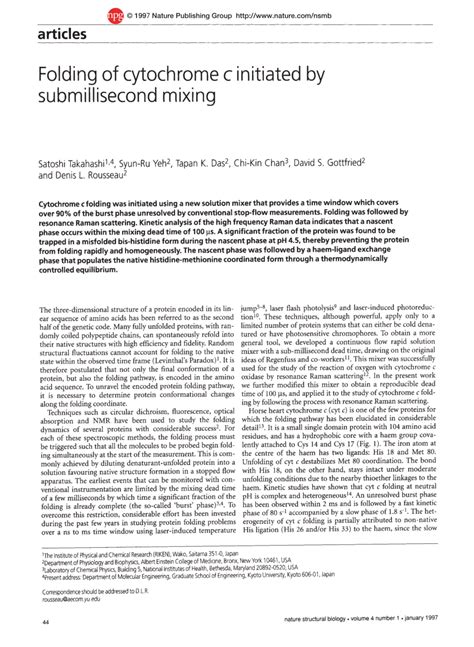 Pdf Folding Of Cytochrome C Initiated By Submillisecond Mixing