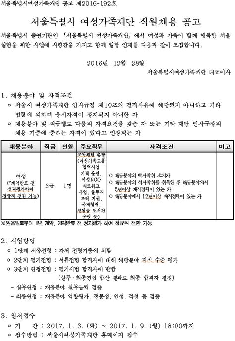서울시여성가족재단 채용공고 서울시여성가족재단 여성 2017년 채용