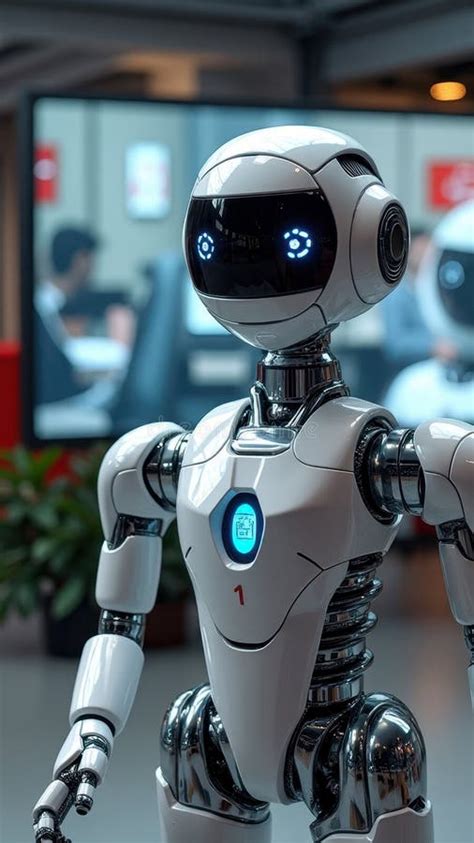 Futuristic Humanoid Robot With Digital Display In Modern Office Setting