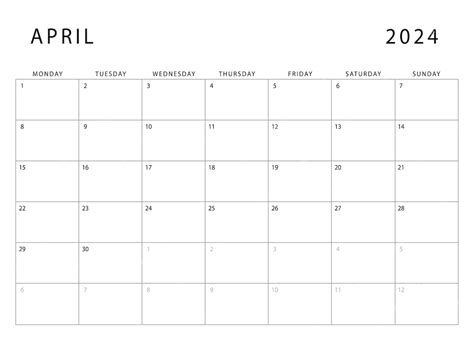 Календарь на апрель 2024 года Начало понедельника Шаблон ежемесячного планировщика Векторный