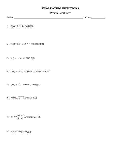 Evaluating Functions Practice Worksheet Pdf
