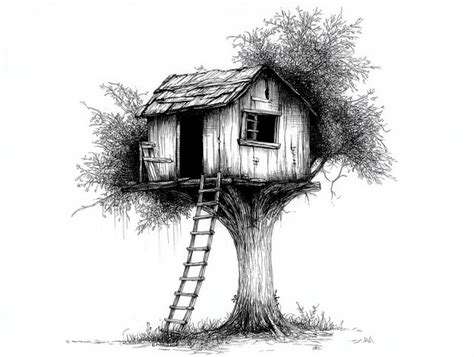 Black And White Treehouse Sketch A Rustic Escape Premium AI Generated Image