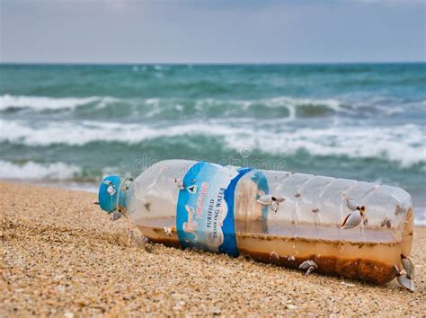A Plastic Water Bottle With Attached Shellfish Washed Up On A Tropical