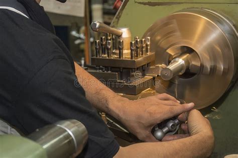 The Machine Operator Working With Lathe Machine Stock Image Image Of