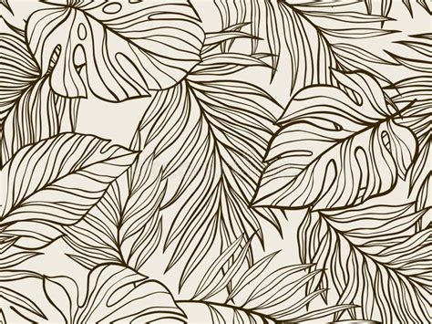 Seamless Botanical Pattern Featuring Outlined Tropical Leaves With An Elegant Nature Inspired