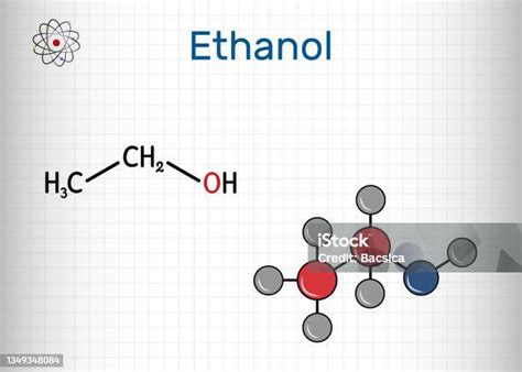 에탄올 C2h5oh 분자 그것은 기본 알코올 알킬 알코올 구조적 화학 적 포뮬러 및 분자 모델 케이지에 종이 시트 0명에 대한