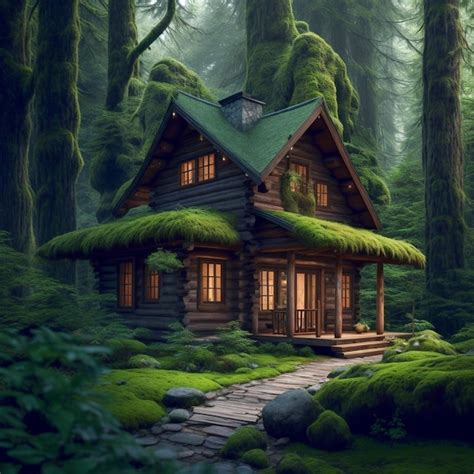 premium ai image a forest serene log cabin surrounded by towering