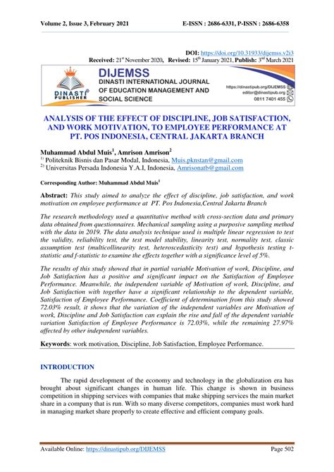 Pdf Analysis Of The Effect Of Discipline Job Satisfaction And Work Motivation To Employee