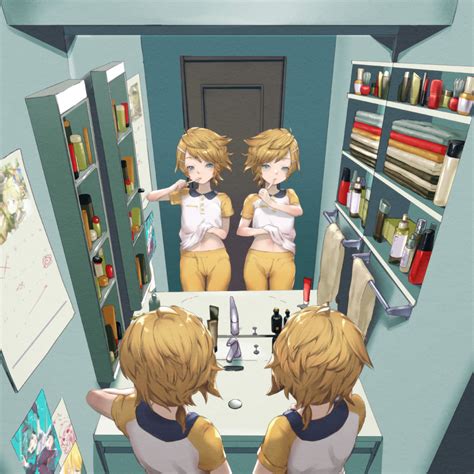 Safebooru 1boy 1girl Androgynous Aqua Eyes Bathroom Blonde Hair