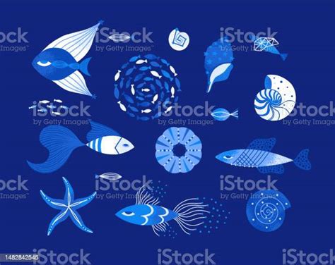 마법의 수중 생활의 벡터 세트입니다 고립 된 질감의 물고기 조개 불가사리 손으로 그린 클립 아트 요소 바다 또는 바다 생물 스티커 디자인 의류에 인쇄 Diy에 대한 스톡