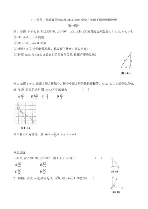 1 1锐角三角函数同步练习（2课时，无答案）2024 2025学年九年级下册数学浙教版 21世纪教育网
