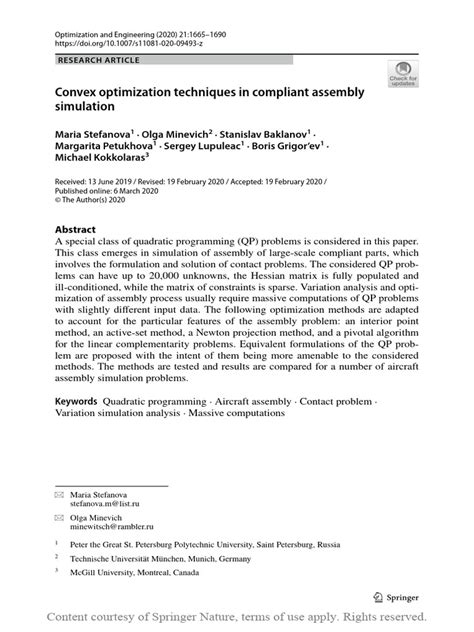 Convex Optimization Techniques In Compliant Assemb Pdf Mathematical Optimization Matrix