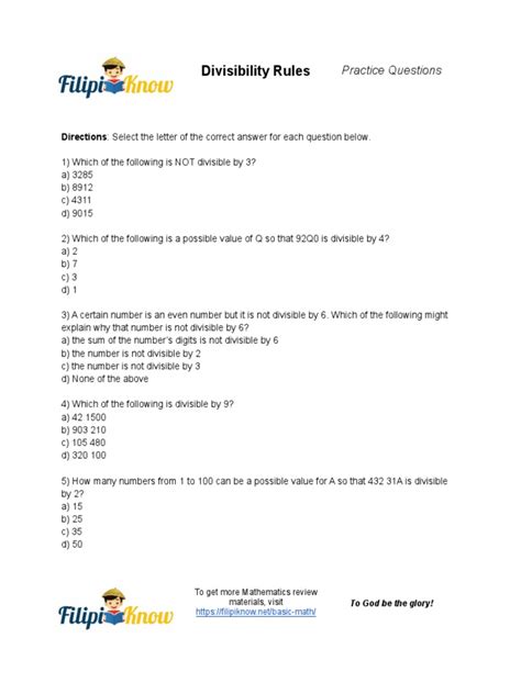 Divisibility Rules Practice Questions Pdf