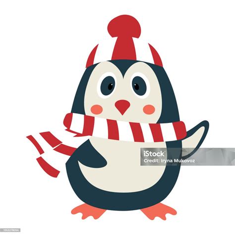 스카프와 모자를 쓴 만화 펭귄 날개가 달린 폼폰 겨울 크리스마스 디자인에 대한 문자 벡터 일러스트레이션 12월에 대한 스톡 벡터 아트 및 기타 이미지 Istock