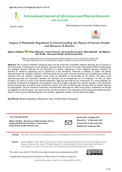 Pdf Impact Of Metabolic Regulation In Understanding The Status Of