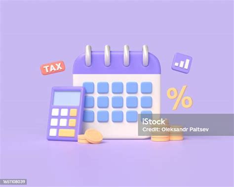 3d 계산기 동전 달력 시계 만화 스타일의 퍼센트 기호 사업세 납부 개념입니다 재무 연례 보고서 보라색 배경에 분리된 그림 3d 렌더링 3차원 형태에 대한 스톡 사진 및