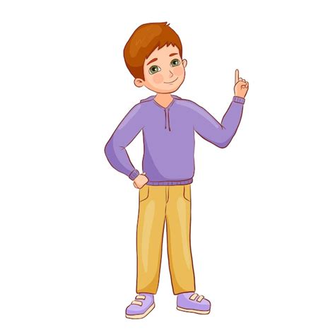 작은 귀여운 행복 소년 포인트 검지 손가락 흰색 배경에 고립 벡터 평면 만화 일러스트 레이 션 프리미엄 벡터
