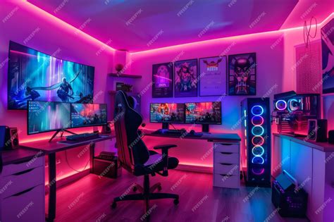 vibrant home gaming setup featuring multiple monitors and neon lighting