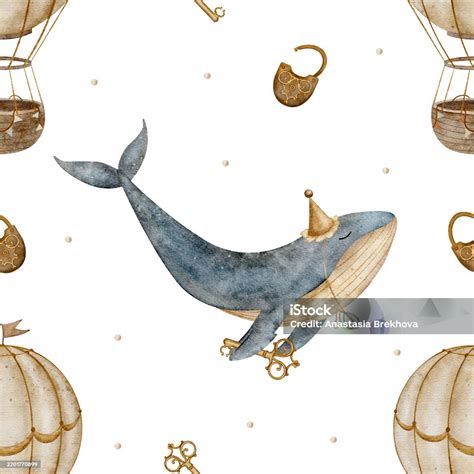 완벽 한 패턴 빈티지 푸른 고래 풍선 열쇠 자물쇠 베이지 파스텔 색상의 수채화 인쇄 손으로 그린 만화 스타일 배경 섬유 직물 포장 의류 벽지 디자인에 일러스트 0명에 대한