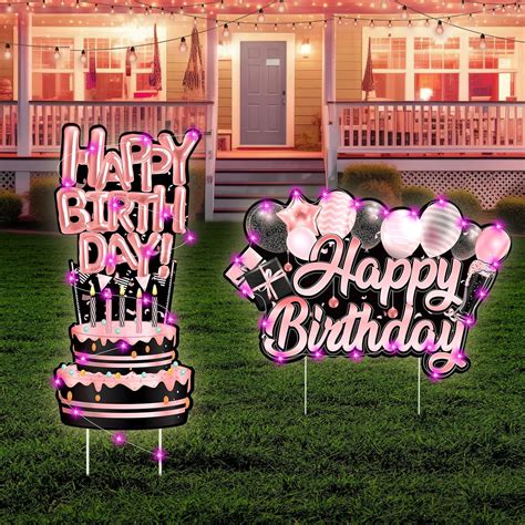 2 Pack Birthday Yard Signs With Led String Light Rose Gold